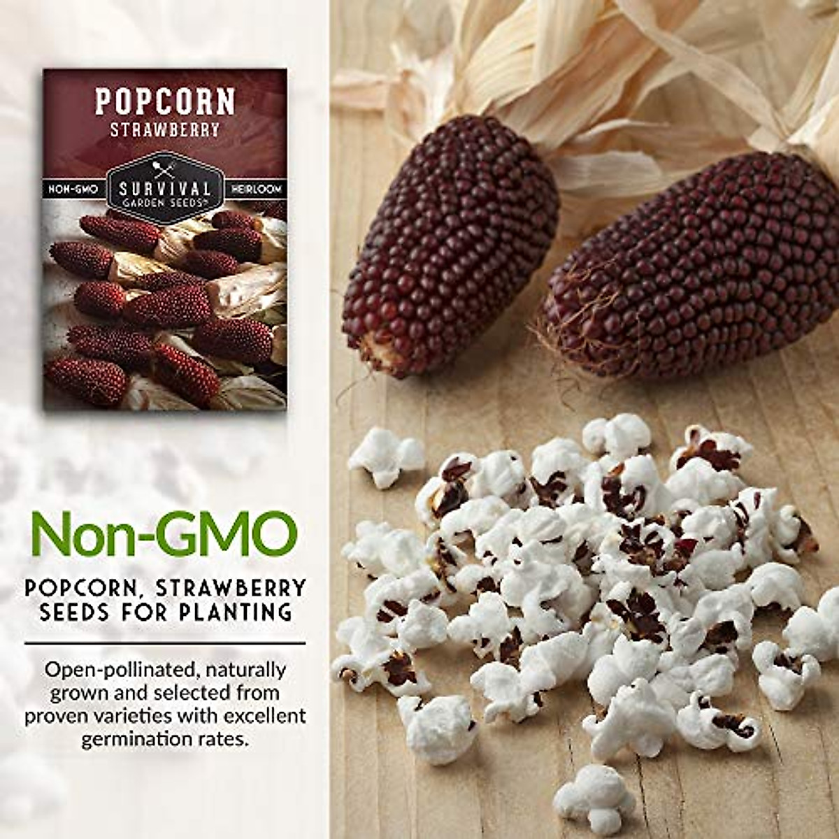 Survival Garden Seeds - Strawberry Popcorn Seed for Planting - Packet with Instructions to Plant and Grow Garnet Kernel Ornamental Popcorn in Your Home Vegetable Garden - Non-GMO Heirloom Variety
