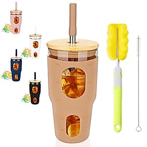 Tronco 32 oz Glass Tumbler with Straw and Lid - Reusable Drinking Glass Cup with Time Marker, Silicone Sleeve - Ideal for Boba, Smoothies, Tea and Iced Coffee Fits Cup Holder- BPA Free,Pink