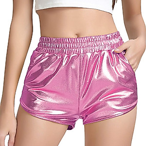 Pink Girls Metallic Gymnastics Shorts Rave Spandex Dance Shorts Shiny Hot Pants 6 7