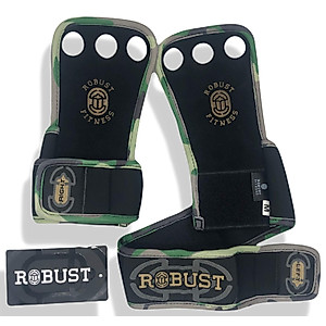 ROBUST FITNESS Genuine Leather Hand Grips for Gymnastics & Cross-Training, Pull-ups, Weightlifting, WODs with Neoprene Wrist warps. Palm Shield from Rips & Blisters. (Camouflage, Medium)