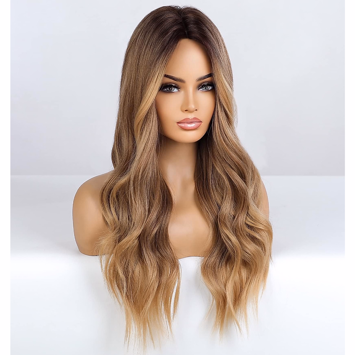 EALGA Warm Medium Brown Wigs, Long Natural Loose Curls Hair Wigs for Women, Full Synthetic Wig with Dark Roots, 22 inch EALGA-231