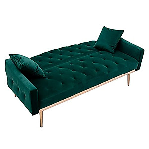 ORRD Velvet Sofa, Accent Couch Loveseat Sleeper Bed Tufted Sofa with Rose Gold Metal Feet with 2 Pillows for Living Room, Bedroom, Small Space (Green)