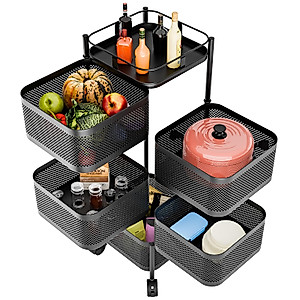 Rotating Storage Rack for Kitchen, 5-Tier Removable Basket Shelf Organizer on Rolling Wheels Rolling Shelf for Fruit Vegetable Grocery Corns Onion Potato, Black Black 5-Layers