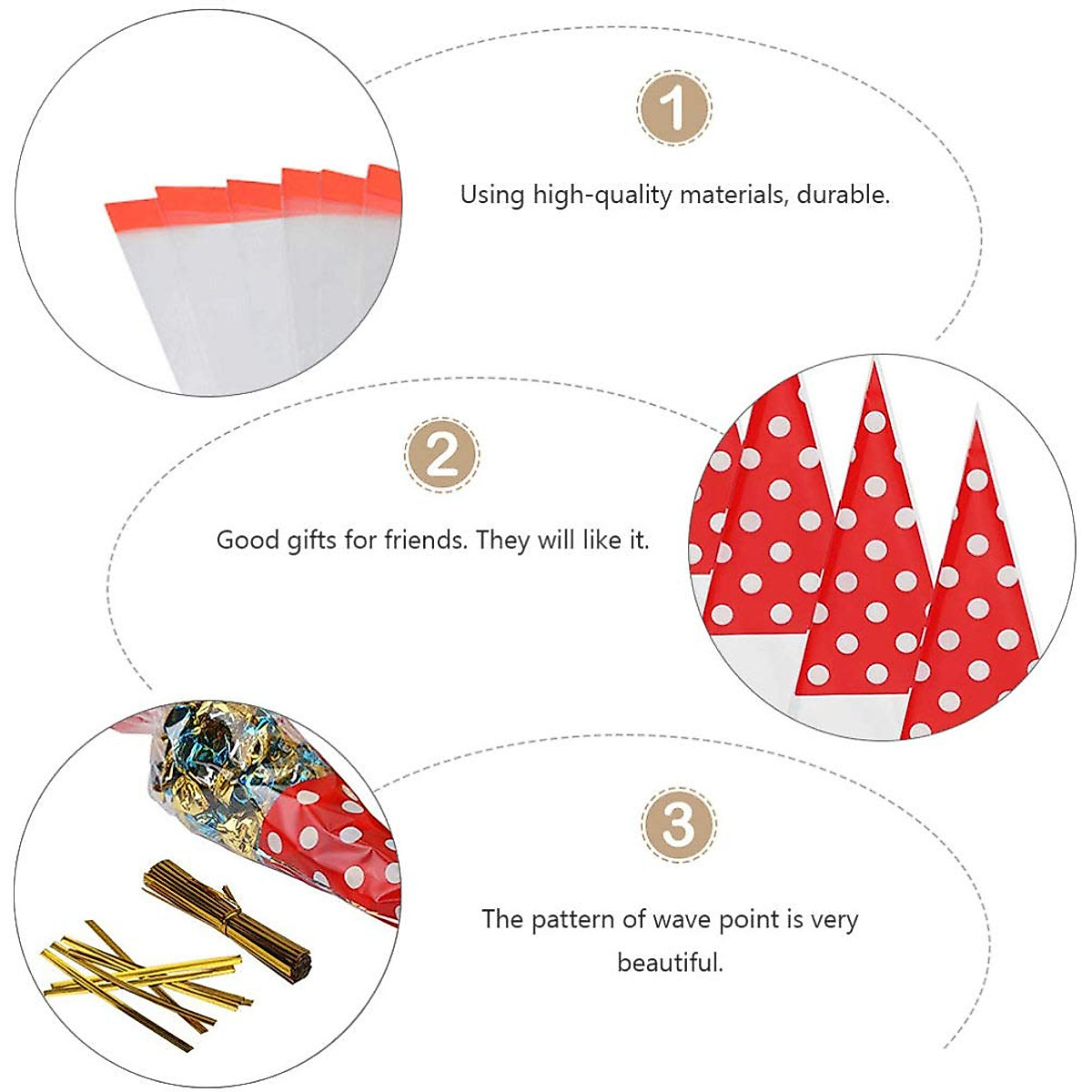FARUTA 100pcs Clear Cello Treat Bags Cone Shaped Polka Dot Popcorn Bags Triangle Treat Bags OPP Plastic Bags for Gift Wrapping Bakery Cookie Dessert Packaging Red