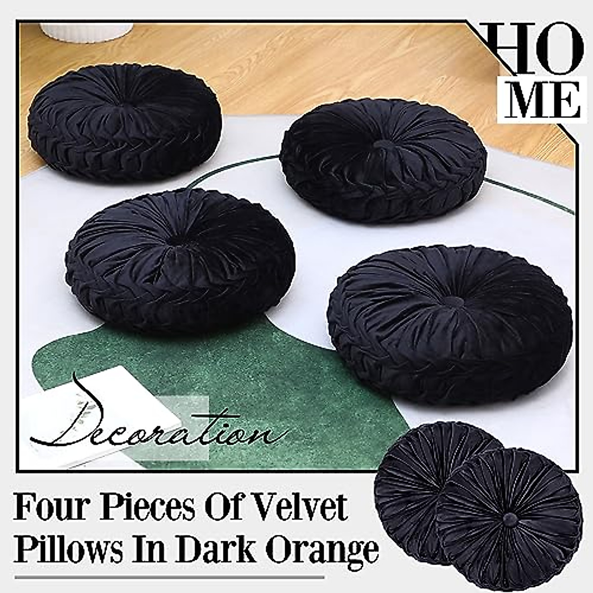 Kathfly 4 Count Round Throw Pillow Velvet Pleated 3D Pumpkin Round Pillow Boho Floor Cushion Couch for Bed Chair Home Car Sofa Decorations, 14.17 x 14.17 Inches (Black)