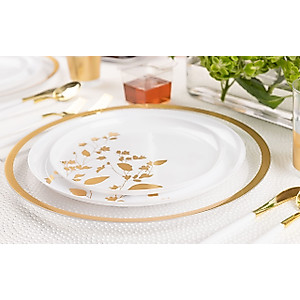 PLASTICPRO [30 Pack 6.3''] White Plastic Party Plates With Gold Garden Dseign Edge Collection Premium heavyweight Elegant Disposable Tableware Dishes