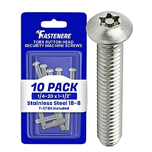 Fastenere Torx Security Machine Screws - 1/4-20 x 1-1/2" (10-Pack) Stainless Steel, Tamper-Resistant, Button Head Screws, Bolt Screw for Higher Level of Safety & Theft Prevention