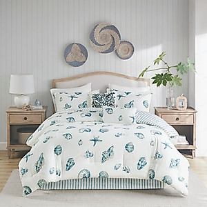 Harbor House Cozy Cotton Comforter Set - Coastal, All Season Down Alternative Casual Bedding with Matching Shams, Decorative Pillows, Beach House, Reversible Seashell Blue Twin(72"x90") 3 Piece