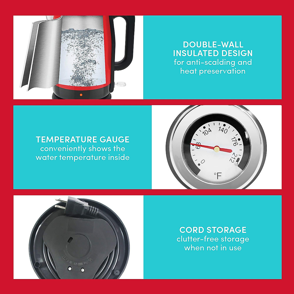 Elite Gourmet Americana EKT-1780R Retro Nostalgic Temperature Gauge Double Wall Insulated Cool Touch Electric Water Tea Kettle, BPA Free Stainless Steel Interior and Auto Shut-Off,