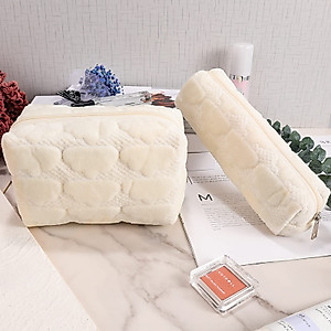 Small Makeup Bag for Purse Fuzzy Makeup Pouch Cute Cosmetic Bag Aesthetic Pencil Case for Women Travel Toiletry Bag Plush Makeup Bag Makeup Brushes Storage Bag Zipper Pouches for Organizing (White)