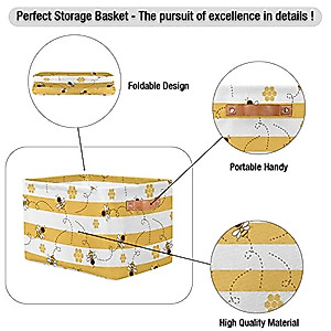 Storage Baskets with Handles, Bee Honeycomb Yellow White Stripe Storage Cube Rectangular Fabric Collapsible Toy Storage Bin Organizer for Closet Shelf Laundry Nursery Kids Bedroom, 15x11x9.5 In,1 Pack