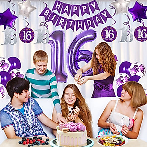 Sweet 16 Birthday Decorations, Purple 16th Birthday Party Decorations for Girls Boys Teenager, HAPPY BIRTHDAY Banner Bolloons Silver Number 16 Balloons for Him & Her 16 Years Old Birthday Party