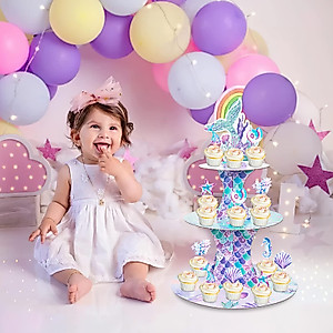OPUHOHR 3 Tier Mermaid Cupcake Stand,Cupcake Tower with 12pcs Mermaid Theme Cake Topper, Dessert Tower Holder for Mermaid Theme Birthday Decoration Baby Shower Party Supplies