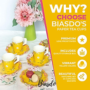 2 x 24 PACK Biasdo Paper Tea Party Decorations, 24 Drink Cups with Handles and Matching Dessert Saucer Plates for Baby and Bridal Shower Decor, Birthday Party, Event Hosting, Bright Yellow