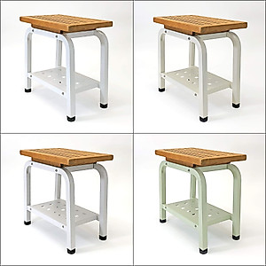 Aman Shower Bench, Teak & Aluminum Shower/Bath/Spa/Patio Stool Bench, Chair/Side Table with Storage Shelf for Indoor/Outdoor, Adjustable TPR Foot Pads, B101/BGE (Light Beige)