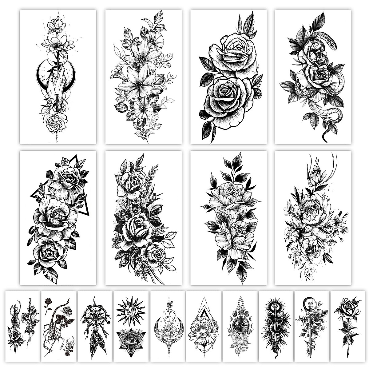 HEYYUNG 18 Pcs Flower Tattoos for Women, Temporary Sexy Tattoos, Realistic 3D Sketch Henna Tattoo Kit Sleeves for Women, Makeup Designs Chest Abdomen Back Tattoos for Girls