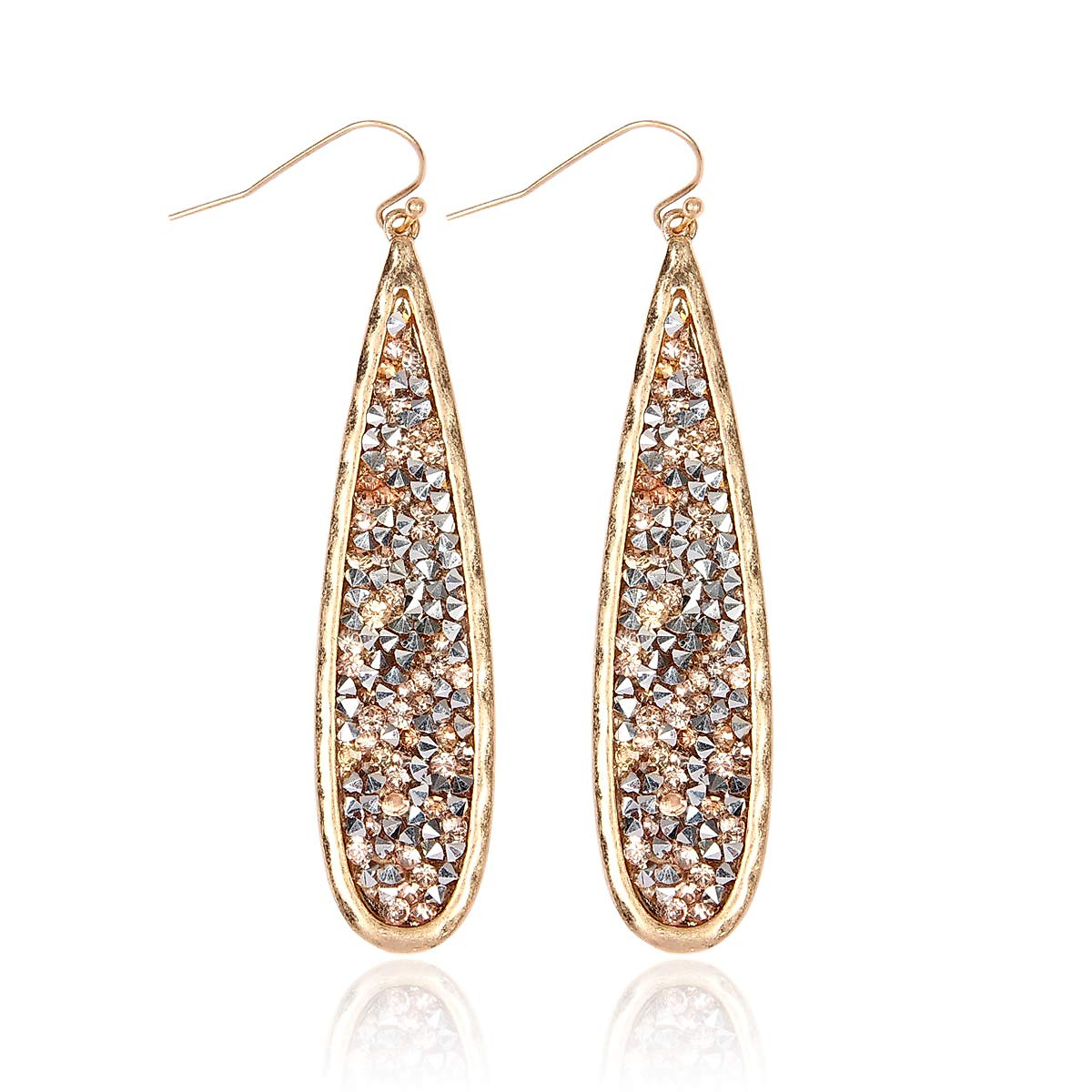 Glitter Rhinestone Statement Drop Earrings - Sparkly Crystal Geometric Metal Hook Dangles Vertical Bar, Elongated Teardrop, Shield Disc (Encrusted Jewel - Teardrop Champagne/Gold)