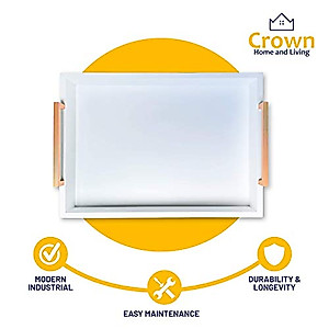 Crown Home & Living Ottoman Serving Tray 16.5x12.25 - White Coffee Table Tray with Brushed Gold Handles, Handcrafted, Sturdy & Spacious - Ideal for Bedroom, Kitchen, Living Room Decor