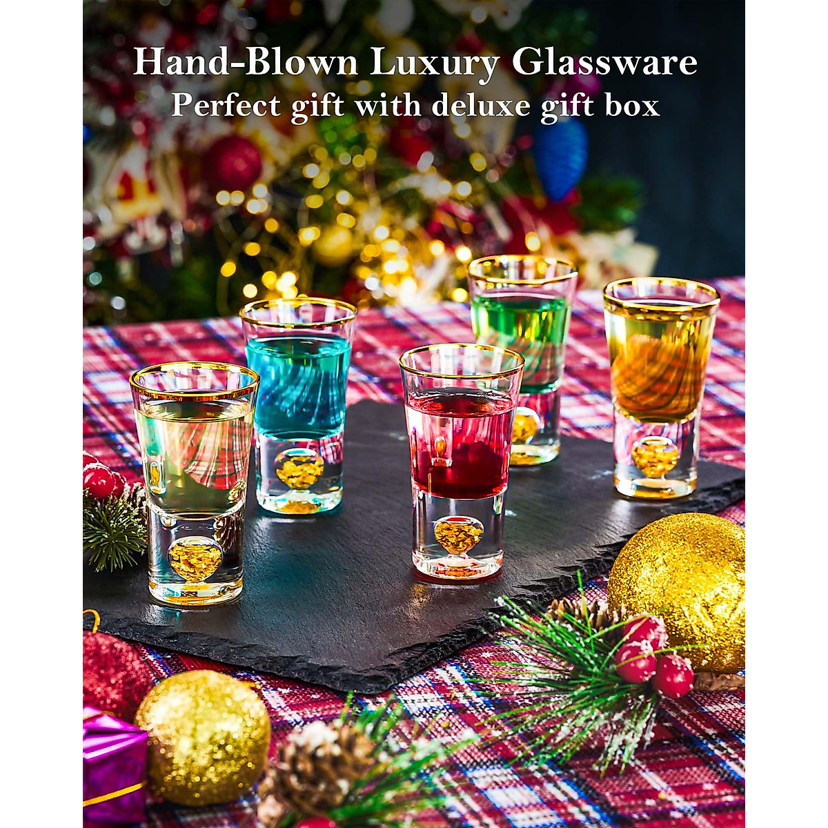 JBHO 1.5 Oz 24K Gold Rim and Base Shot Glasses Set of 6, Crystal Heavy Base, Cool and Fancy, Serving Tequila, Liquor, Bourbon, Vodka and Whisky, Unique Christmas Gift