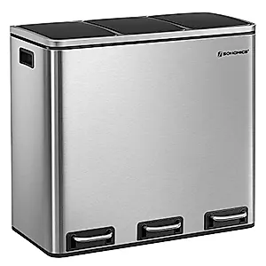 SONGMICS Trash Can, 3 x 4.8 Gallon Garbage Can, 14.4 Gallon Recycle Bin with Soft-Close Lids, Pedals, and Inner Buckets for Kitchen, Stainless Steel, Silver and Black ULTB54NL