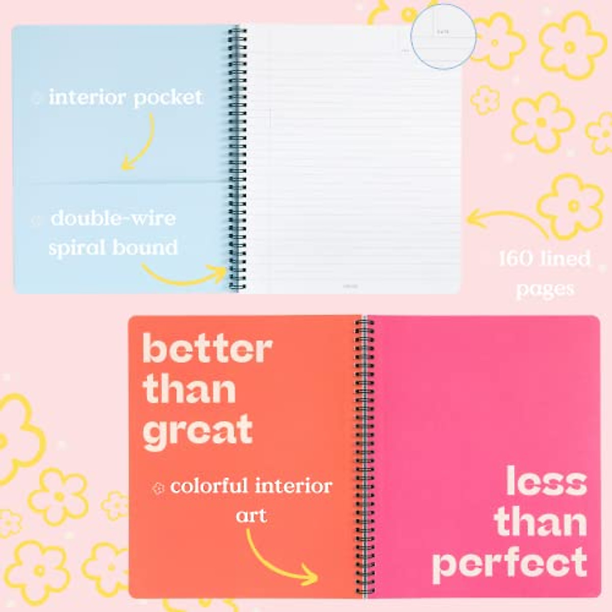 ban.do Rough Draft Blue Large Spiral Notebook with Saying, 11" x 9" with Pockets and 160 College Ruled Pages, Be Nice To Yourself