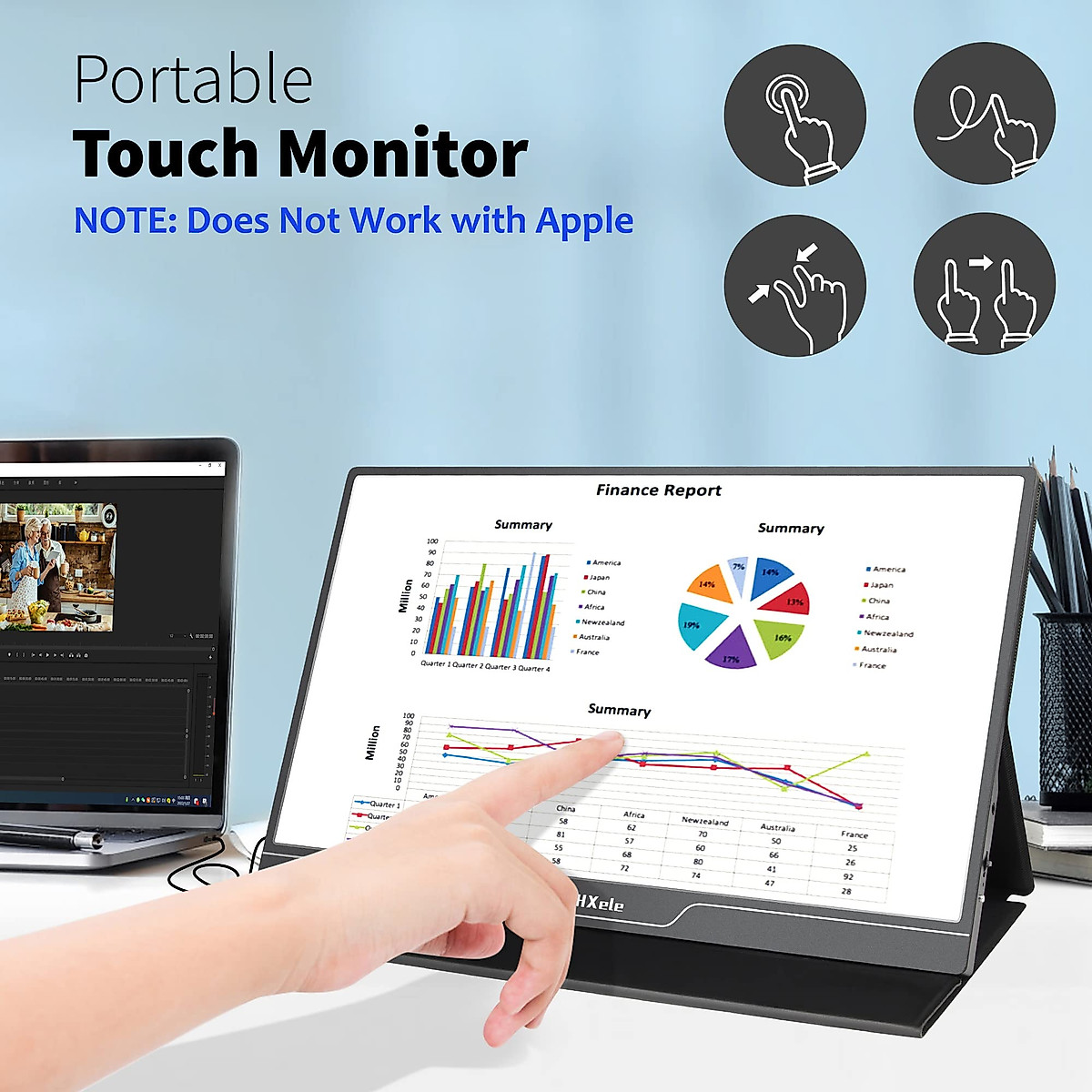 FYHXele 15.6" Portable Monitor, Touchscreen Monitor, FHD 1080P IPS Ultra Slim Gaming Monitor, Eye Care Display, 1x Mini-HDMI 2xUSB Type-C for Laptop PC Phone, Touch Not for iOS