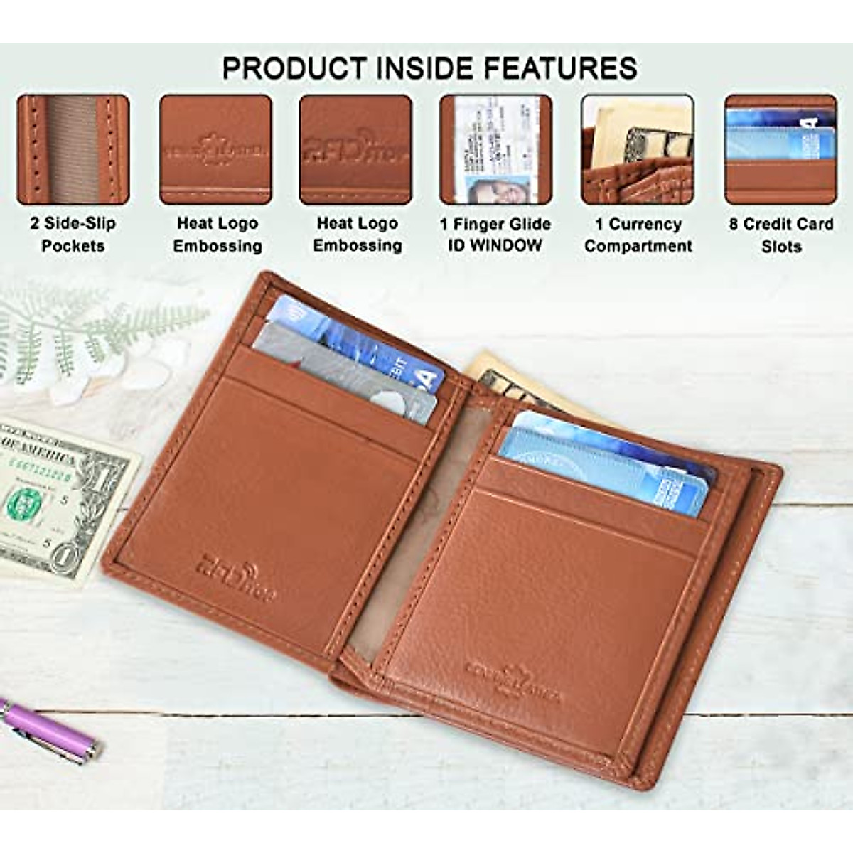 Mens Leather Wallet Rfid Blocking Slim Bifold Front Pocket Flip ID Window With 12 Slots | Real Chrome Free Leather | Multiple Card Holder | Compact Premium Best Handmade Gift (Tan)