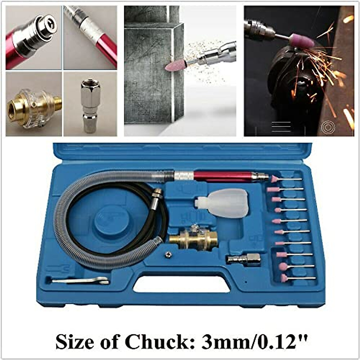 VOTOER 1/8" (3mm) Pneumatic Air Micro Die Grinder Polishing Tool Kit, 3mm Chuck Pencil Type Rotary Engraving Cutting Grinding Tool Set, 58000RPM, 90psi