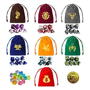DND Dice Set - FUNCYboo 6 * 7 Sets(42 Pieces) of d&d dice for Dungeons and Dragons Tabletop and Other Tabletop Games. DND dice Comes with 15 DND Gold Coins and Gems