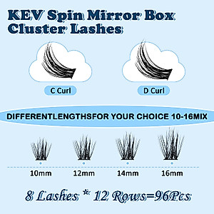 KevKev Lash Clusters 96 Pcs Cluster Lashes Special Spin Mirror Case DIY Lash Extension Soft & Comfortable Eyelash Clusters Thin Band Eyelashes with Mirror Easy to Apply (Cloudy,D-10-16mix)