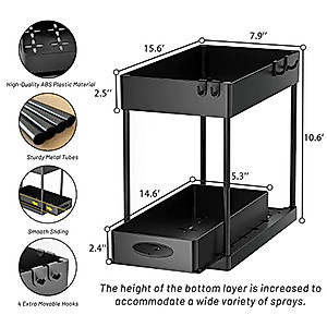 EARTHALL Under Sink Organizers And Storage, 2 Pack Sliding Cabinet Basket Organizer Drawers With Hooks And Bendable Brush, Under Bathroom Sink Organizer Cleaning Supplies Organizer