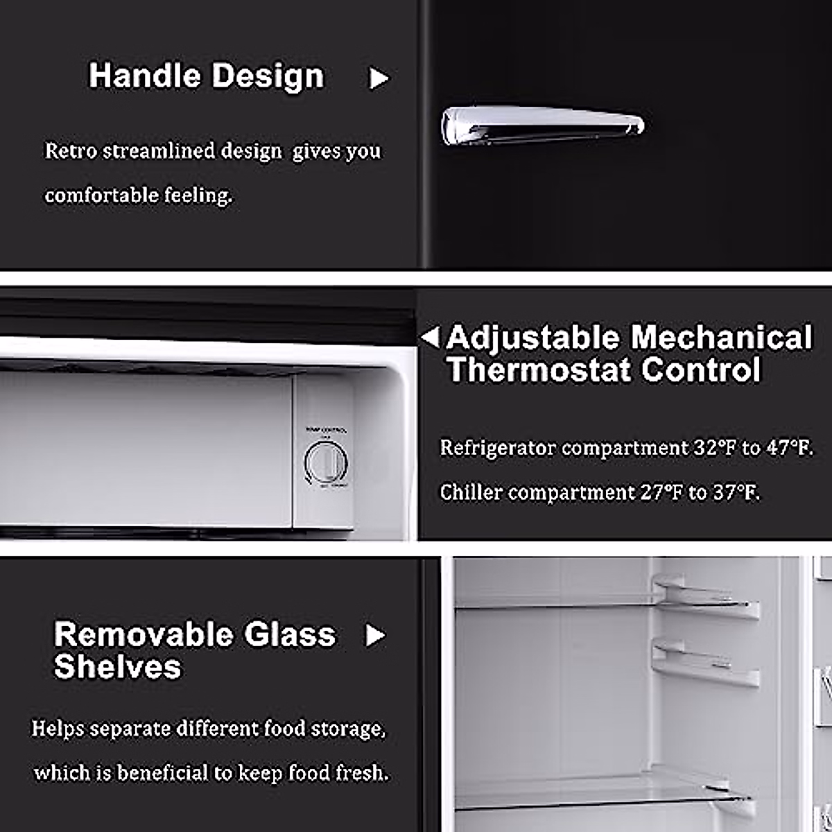 Galanz GLR25MBKR10 Retro Compact Refrigerator, Mini Fridge with Single Doors, Adjustable Mechanical Thermostat with Chiller, Black, 2.5 cu ft