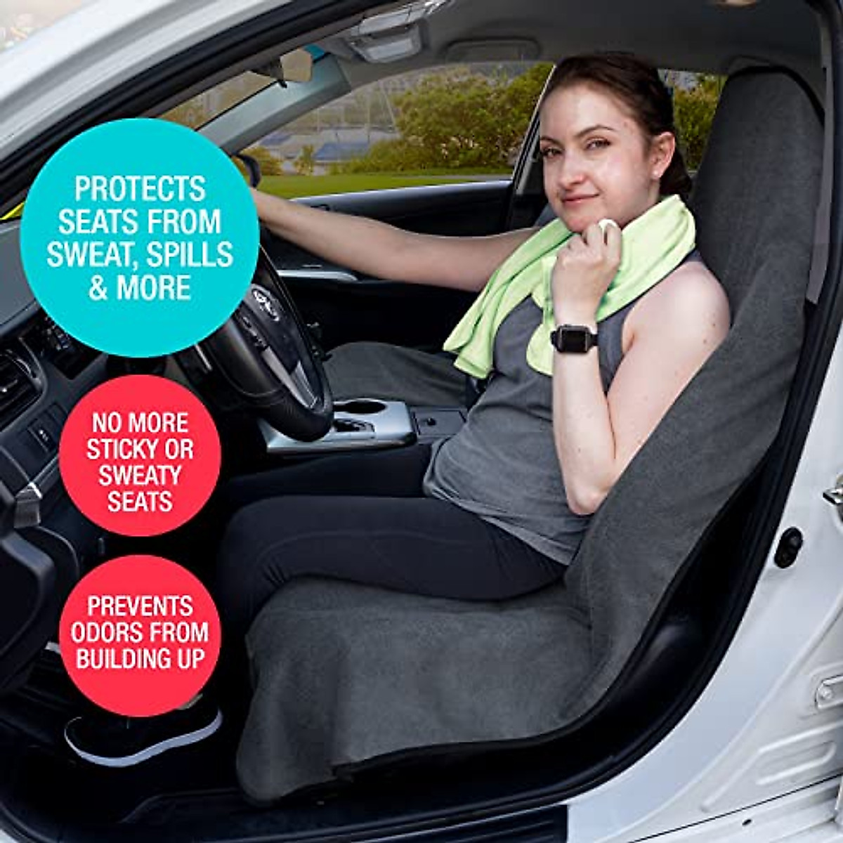 SG Edge Terry Cloth Sweat Towel Seat Cover; Carseat Towel Protector; Great for Gym Workout; Waterproof; Universal Fit for Car SUV Van Truck; EZ fit; Non Slip Grip; Machine Washable; 2pc Grey