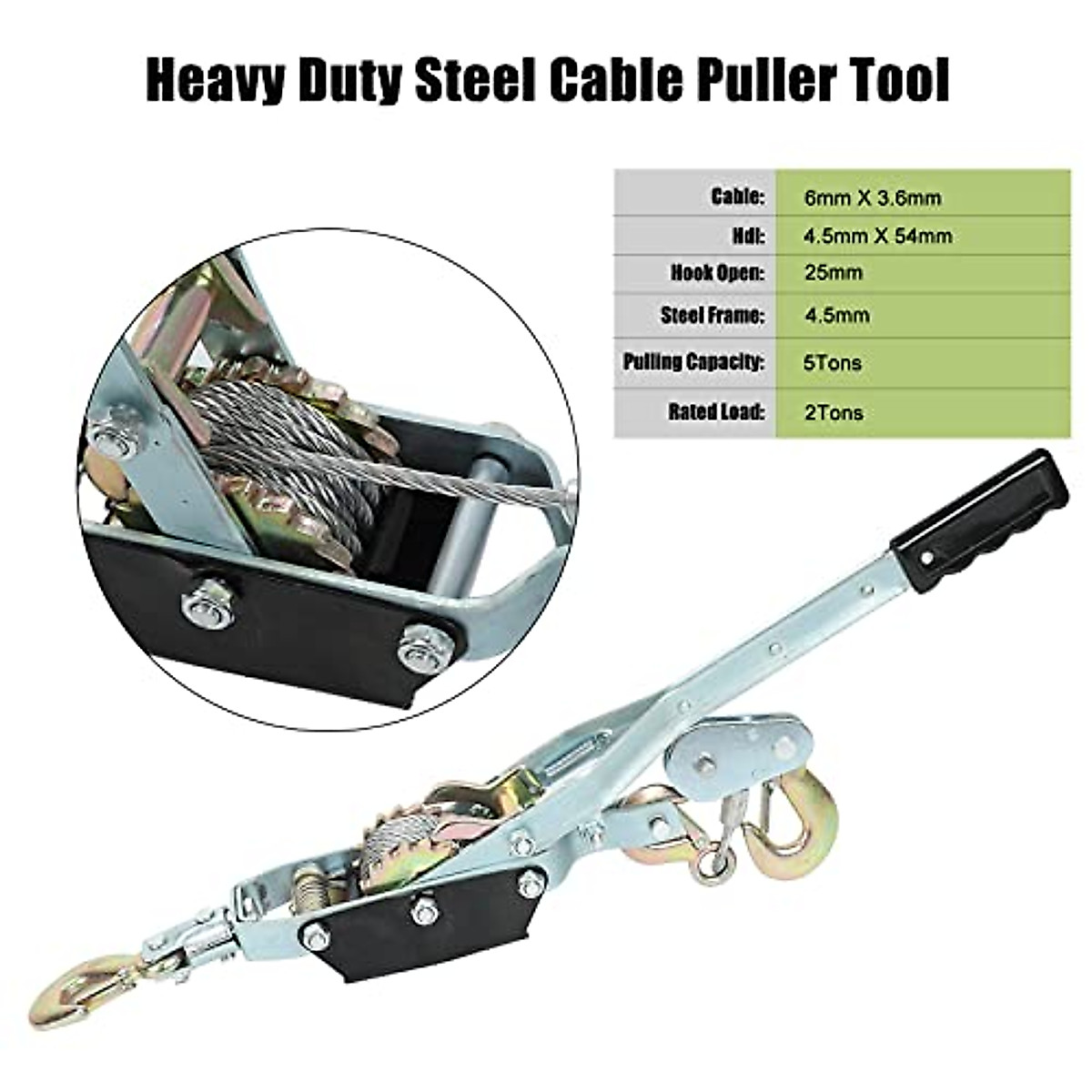 5 Ton Heavy Duty Steel Cable Dual Gear Power Ratchet with 3 Hooks Automotive Hoist Cable Puller Come Along Winch Hoist Come Along Cable Lever