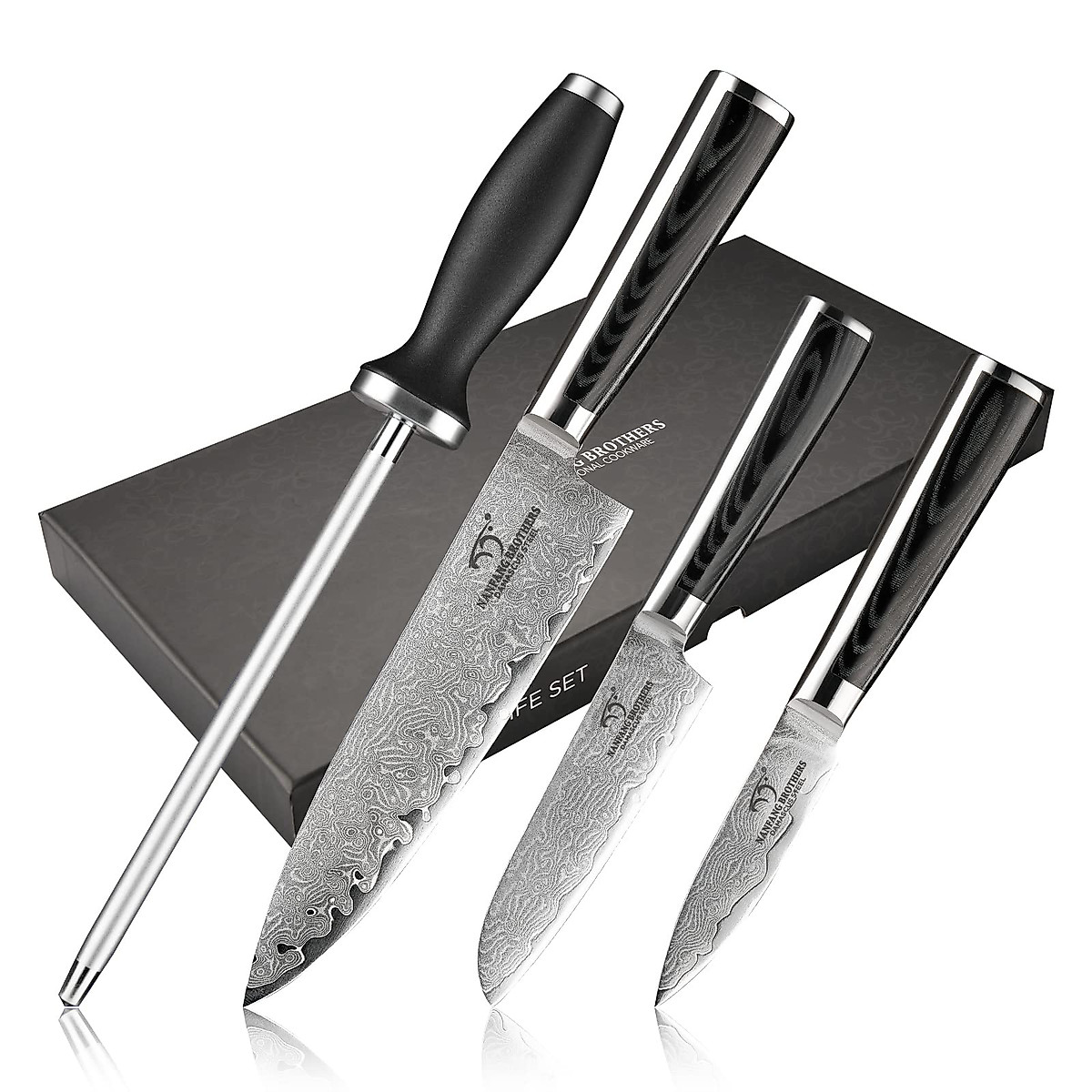 Chefs Knife Set with Gift Box, 4 Pieces Damascus Kitchen Knife Set, VG10 Steel Professional Knife Sets for Chefs, Knife Set with Non-slip Micarta Handle, Knife Sharpener and Chefs Knife