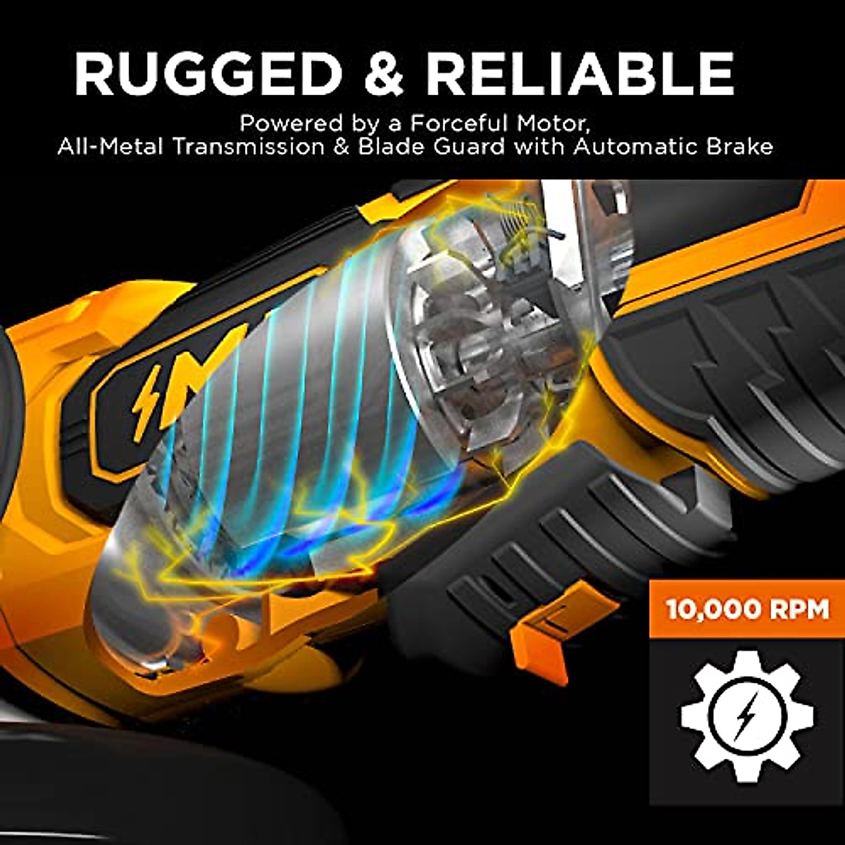 MOTORHEAD 20V ULTRA 4-1/2 inch Cordless Angle Grinder, Lithium-Ion, 10000RPM, 3 Position Handle, Paddle Switch, 2Ah Battery, Quick Charger, Bag, (3) Cutting, Grinding & Polishing Wheels, USA-Based