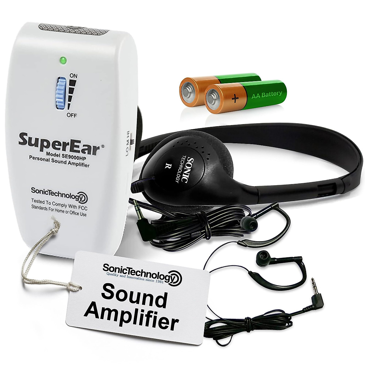 SuperEar Rechargeable Personal Sound Amplifier - 50dB Amplifier with Headphones, Earbuds and Tactile 3 Tone Frequency - Sound Amplifiers for Seniors, Adults and Audiologists - Model SE9000HP (PSAP)
