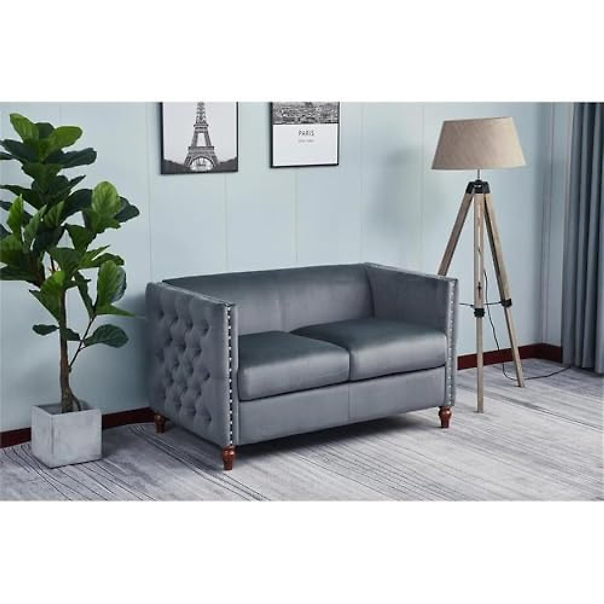 Kingway Furniture Avin Velvet Nail Head Livingroom Loveseat in Gray