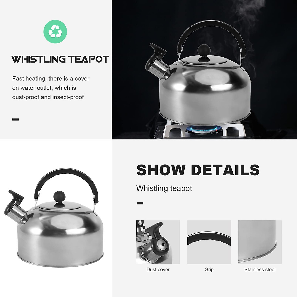 Housoutil 1PC Stainless Steel Whistling Tea Kettles, Silver Water Boil Kettle, 2L/1.81Quart Sounding Induction Cooker Flat Bottom Kettle for Coffee, Tea, Milk (Electric Applicable)