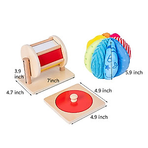 Montessori Baby Toys Play Kit Montessori Mirror Peekaboo Knob Puzzle, Medium Spinning Drum and Rainbow Fabric Ball Kit Toys for 6-12Months Toddlers (Play Kit 1)