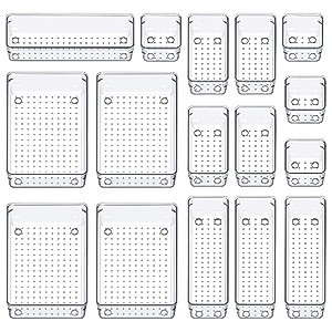 SMARTAKE 16-Piece Drawer Organizers, 4 Sizes Desk Dividers with Non-Slip Pads, Plastic Dresser Storage Tray Sets, Cosmetic Makeup Jewelries Trays, for Kitchen, Office, Home, Bathroom (Clear)