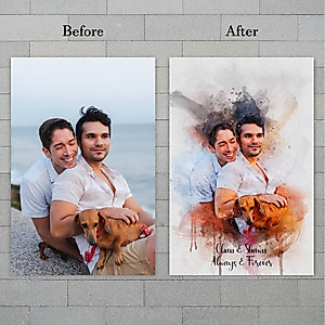 Awesometik Customized LGBT Couple Portrait Watercolor Art on Canvas, Poster LGBT Engagement Gift Memorable Gift for Husband Gift for Boyfriend Canvas Art Wall Art Gay Couple