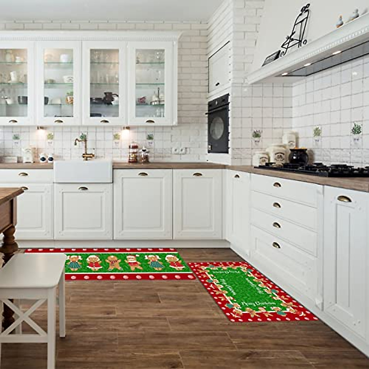 Libaoge Kitchen Mat Rug Set of 2 Merry Christmas Gingerbread Man Green and Red Runner Rug Anti-Fatigue Comfort Memory Foam Standing Mat Non-Slip Floor Door Mat for Bathroom Bedroom 18x30in+18x60in