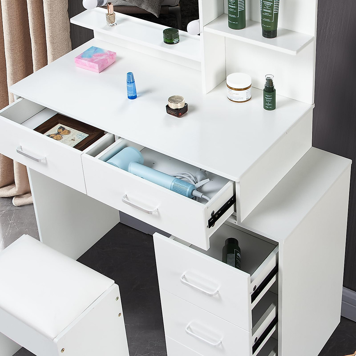 JBLCC Makeup Vanity with Lighted Mirror,Large Vanity Desk with Storage Shelves & 5 Drawers,Cushioned Stool,Makeup Vanity Table with Lights for Bedroom (3080)