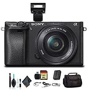 Sony Alpha a6300 Mirrorless Camera with 16-50mm Lens Black ILCE6300L/B with Soft Bag, 64GB Memory Card, Card Reader, Plus Essential Accessories