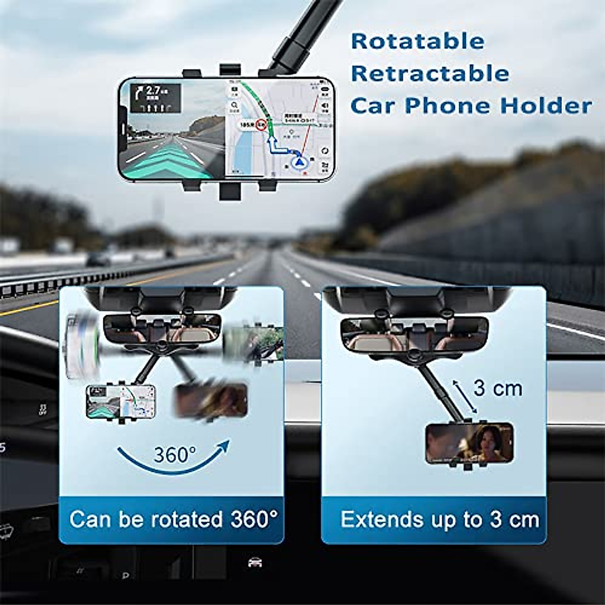 Liangxiang Car Rearview Mirror Phone Holder, 360 Degree Rotatable and Retractable Car Phone Holder for All Car Rearview Mirror Phone Mount Clips Mobile Phone Stands Universal Smartphone Cradle