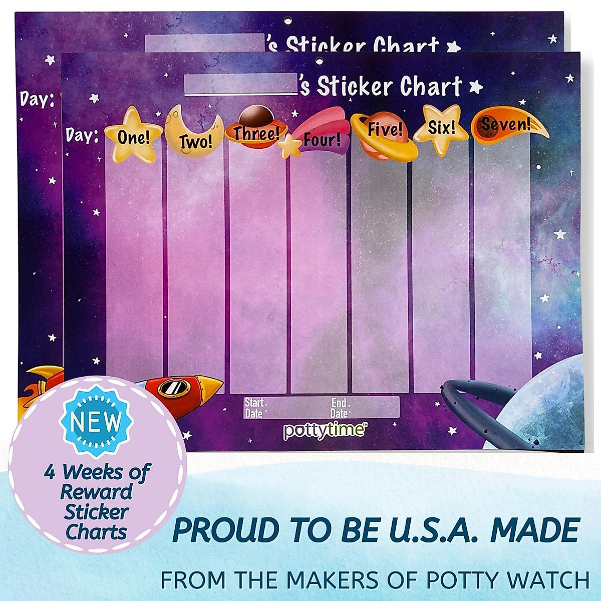 Potty Time: Purple Watch & Sticker Set | Water Resistant, Toilet Training Aid, Warranty Included. (Automatic Timers Plays Music & Flashing Lights for Fun Reminders), Pink + Space Sticker Chart Kit