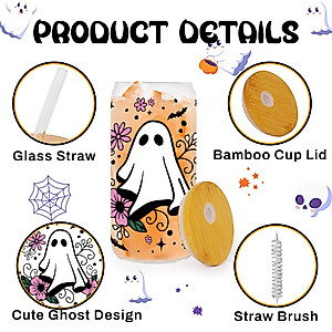 ONEVIVE Halloween Glass Cups with Lids Straws, Spooky Ghost Pumpkin Drinking Glasses, Cute 16oz Can Shaped Flower Tumbler Iced Coffee Cup Gifts for Women (Purple)