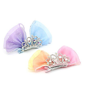 Hot&Sattion 2 Pack Bow Hair Clips, Crown Shaped Hair Barrettes, Cute Metal Snap Sparkly Hair Styling Accessories for Girls & Kids