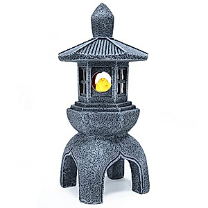 MIBUNG Large Zen Solar Pagoda Lantern Garden Statue Sculpture, Indoor/Outdoor Zen Asian Decor with Solar Lotus Light, Japanese Temple Pagoda Lamp for Landscape Patio, Lawn, Porch Yard Art Ornament